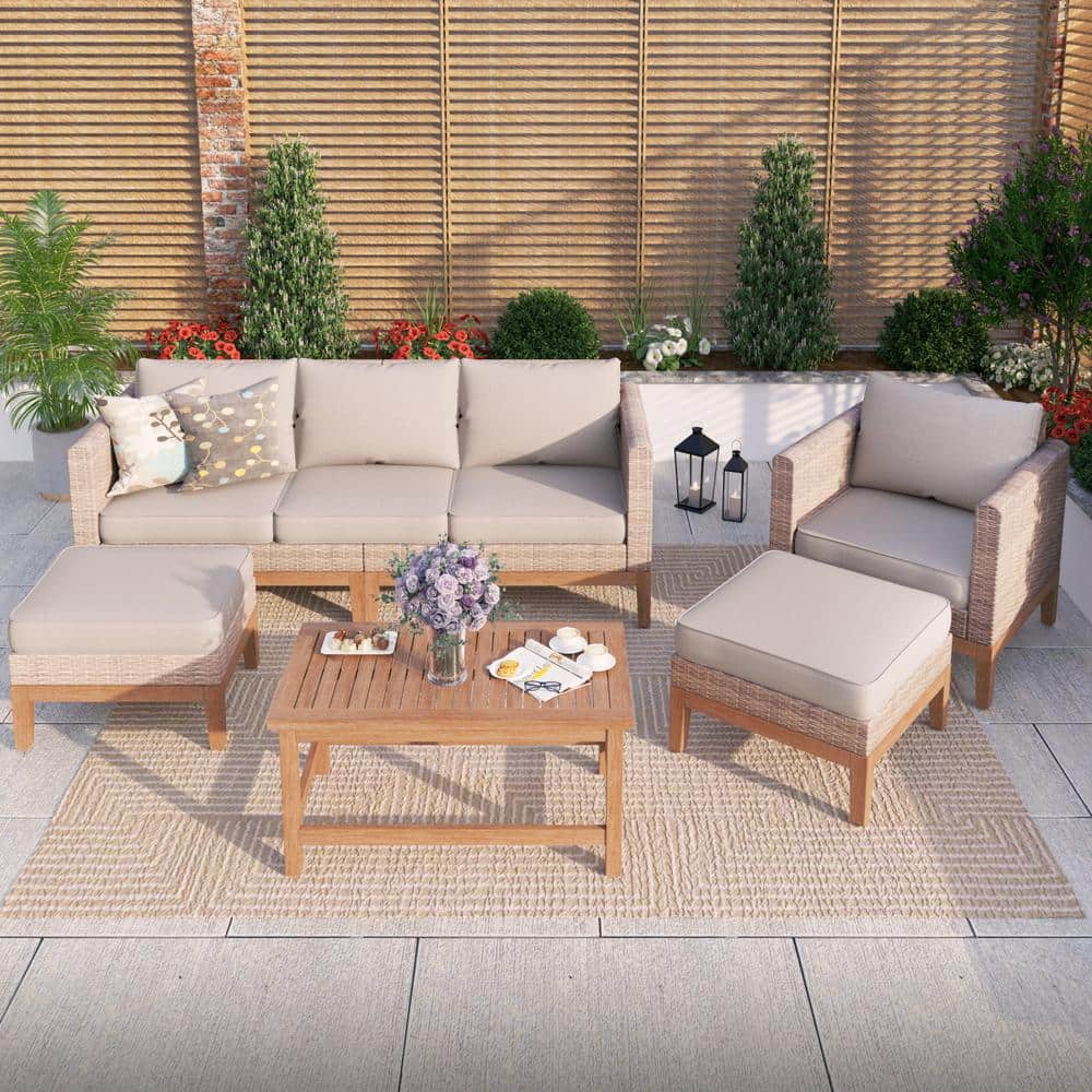 PHI VILLA 5-Piece Rattan Wood Outdoor Patio Conversation Set with Beige ...