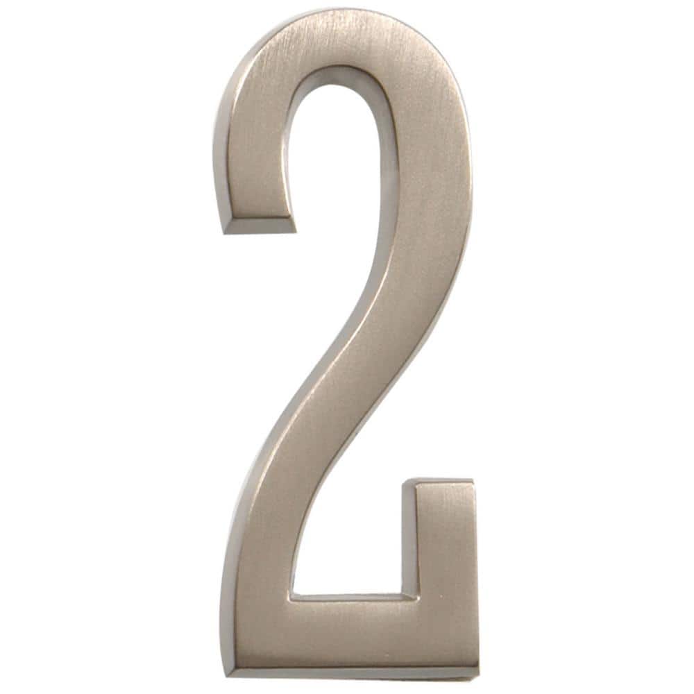 Everbilt 4 in. Flush Mount Satin Nickel Self-Adhesive House Number 2 ...