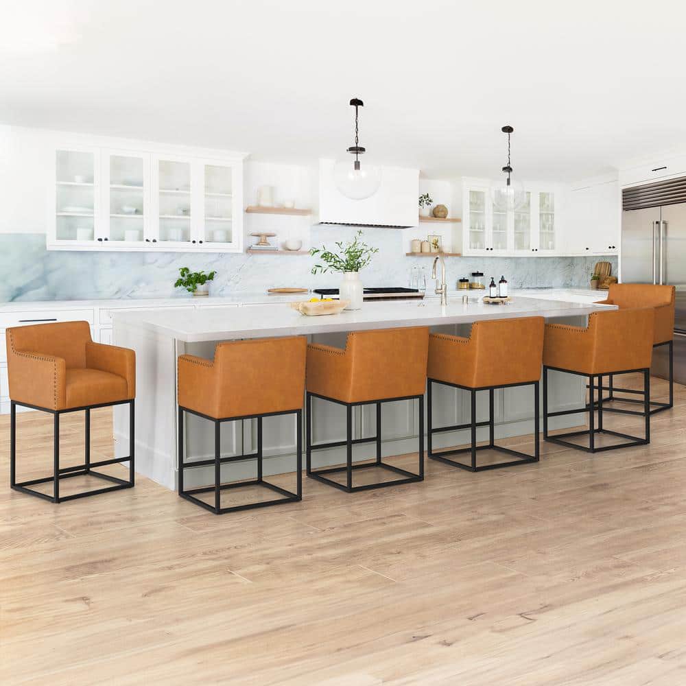 LUE BONA Luna 26 in. Whiskey Brown Faux Leather Counter Bar Stool with ...