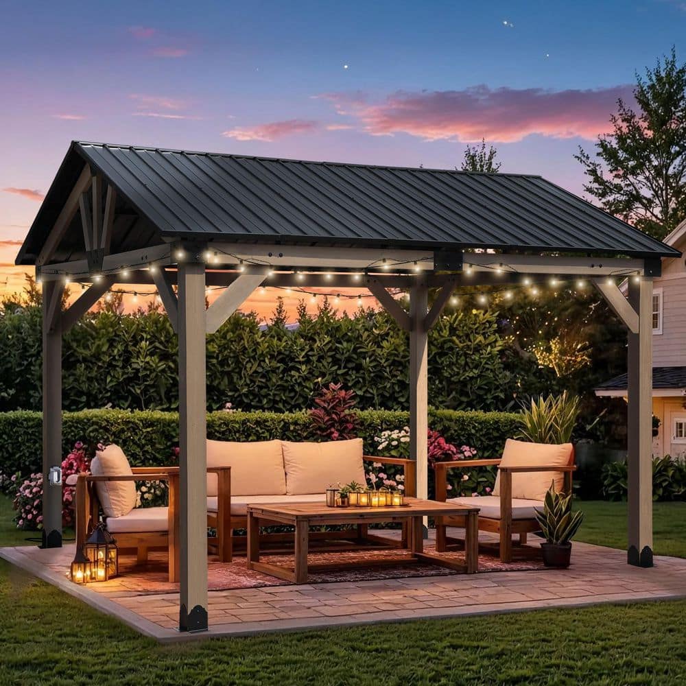 Aoodor 12 ft. x 10 ft. Upgrade Cedar Wood Frame Pavilion Gazebo with ...