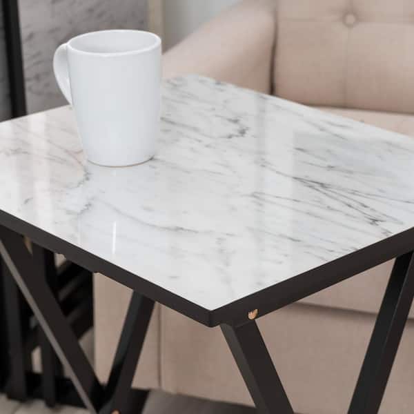 Linon Home Decor Natalia 18.9 L Black 26.38 H Rectangle Wood White Faux Marble Top Folding Tray Table Set 4 Tables and 1 Storage Stand THD03230