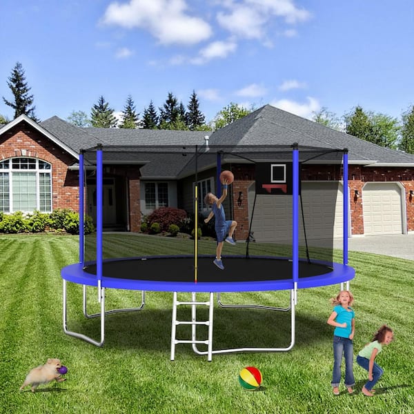 14 ft. Outdoor Recreational Trampoline with Basketball Hoop Enclosure ...
