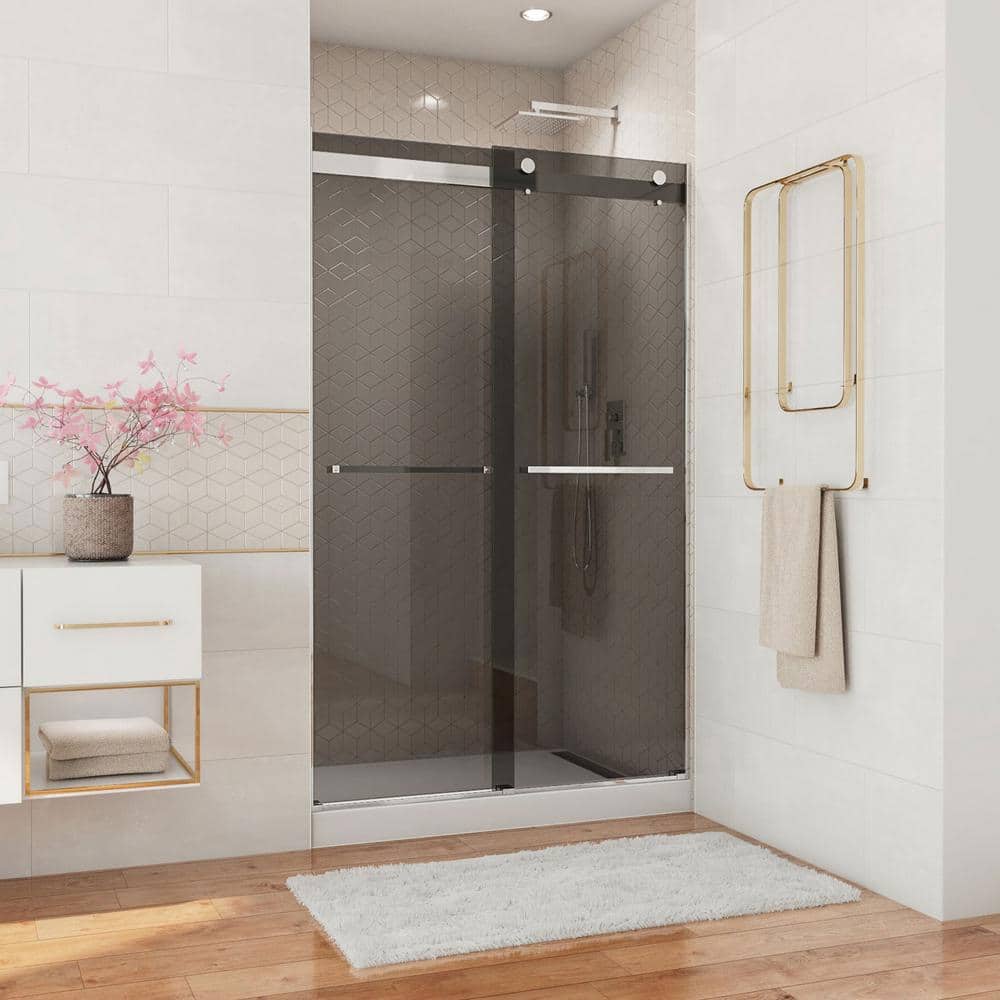 DreamLine Essence 44 in. to 48 in. W x 76 in. H Sliding Frameless Shower Door in Chrome with ...
