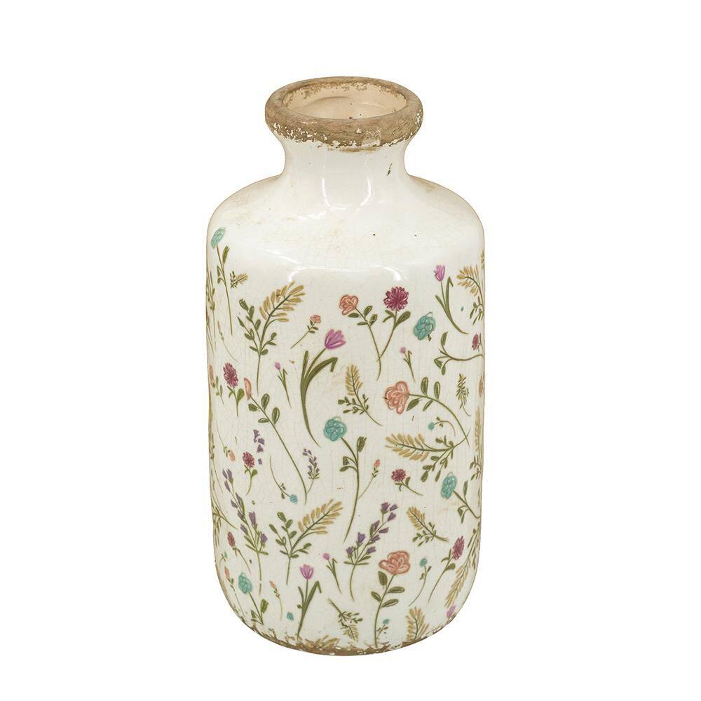 11 in. Ceramic Multicolor Cylinder Vase with Multi-Colored Floral ...