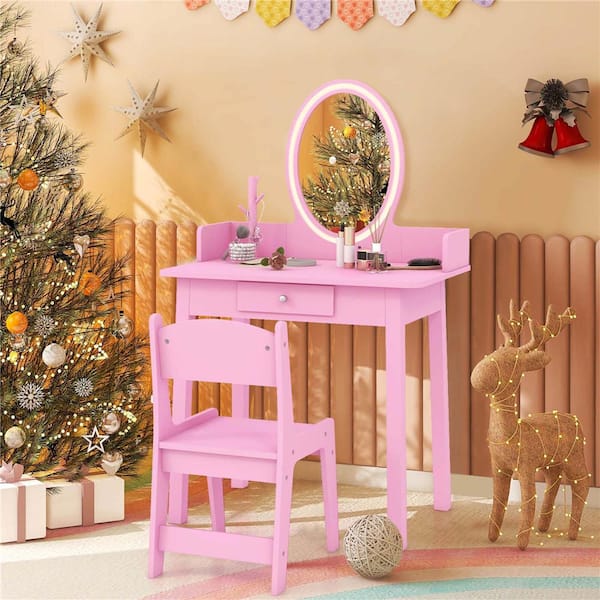 Costway 2-Piece Rectangle Wood Top Pink Kids Vanity Set with Lighted ...