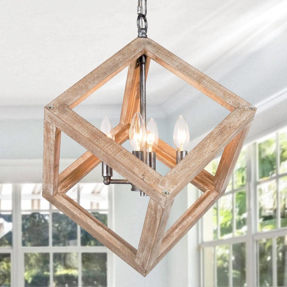 Uolfin 15 in. 4-Light Wooden Square Farmhouse Chandelier ...