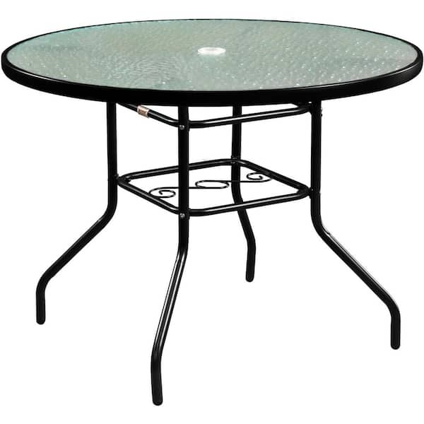 Black Round Metal Outdoor Dining Table with Umbrella Hole Z0B1VGN28D ...