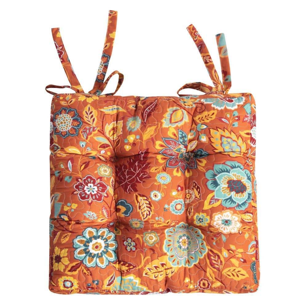 Benjara Rov Spice Orange Flower Print 3 Layers Chair Pad Seat Cushion ...