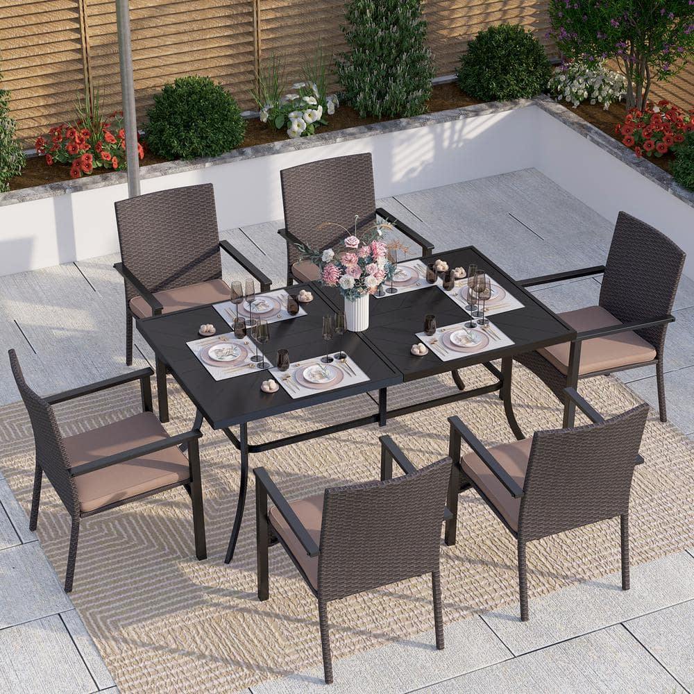 PHI VILLA Black 7-Piece Metal Patio Outdoor Dining Set with Rectangle ...
