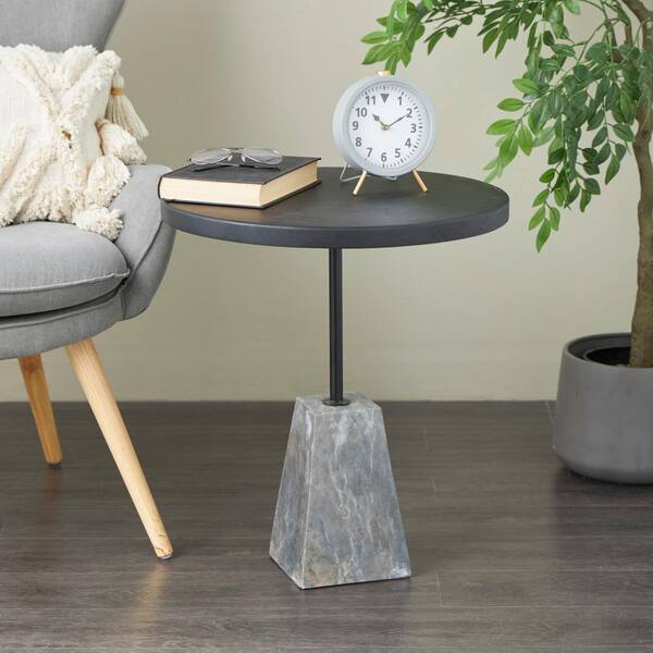 Litton Lane 20 in. Black Geometric Large Round Wood End Table with Gray ...