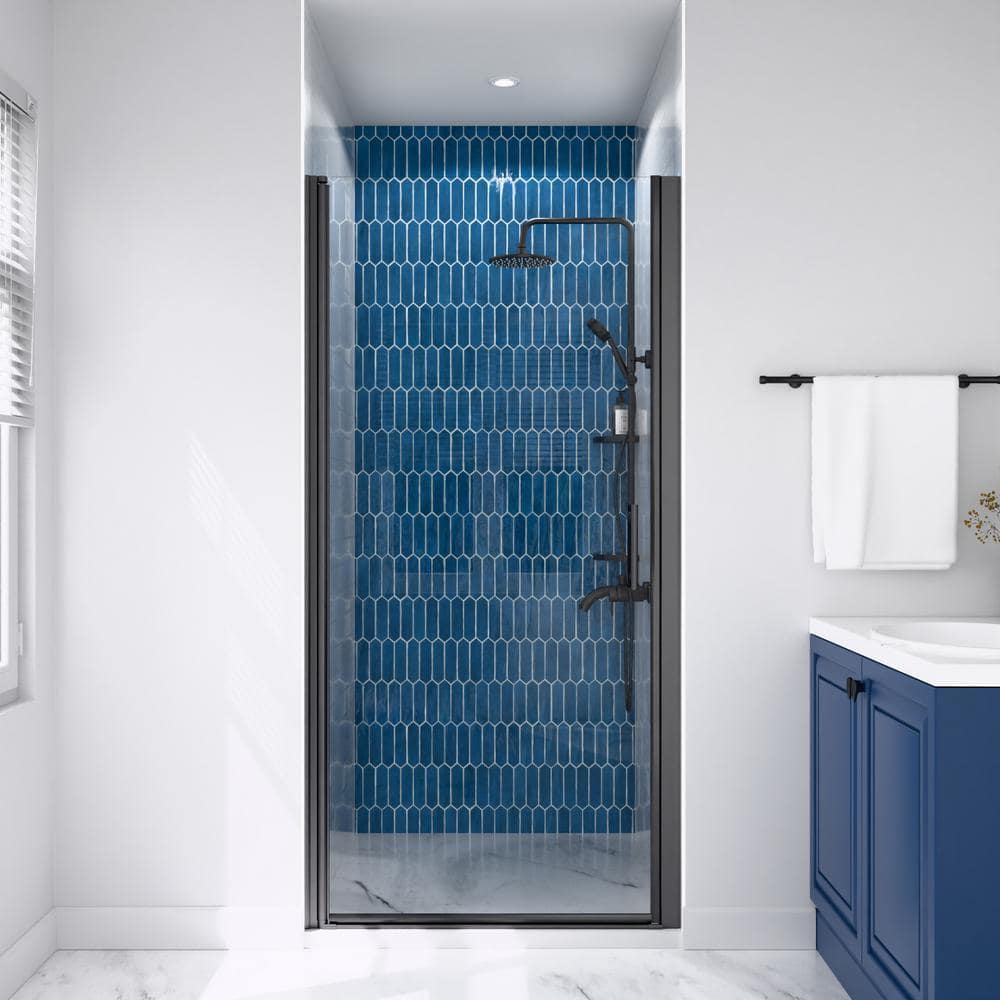 SHAAMA 32 - 33-3/8 in. W x 72 in. H Pivot Semi-Frameless Shower Door in Matte Black Finish with ...