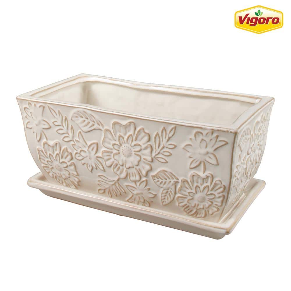 Reviews for Vigoro 12 in. Lorelai Medium White Floral Ceramic Window Box Planter (12 in. L x 6.1 ...