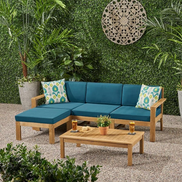 Noble House Santa Ana Light Brown 5 Piece Acacia Wood Outdoor Patio Conversation Sectional Seating Set with Dark Teal Cushions 68216 The Home Depot