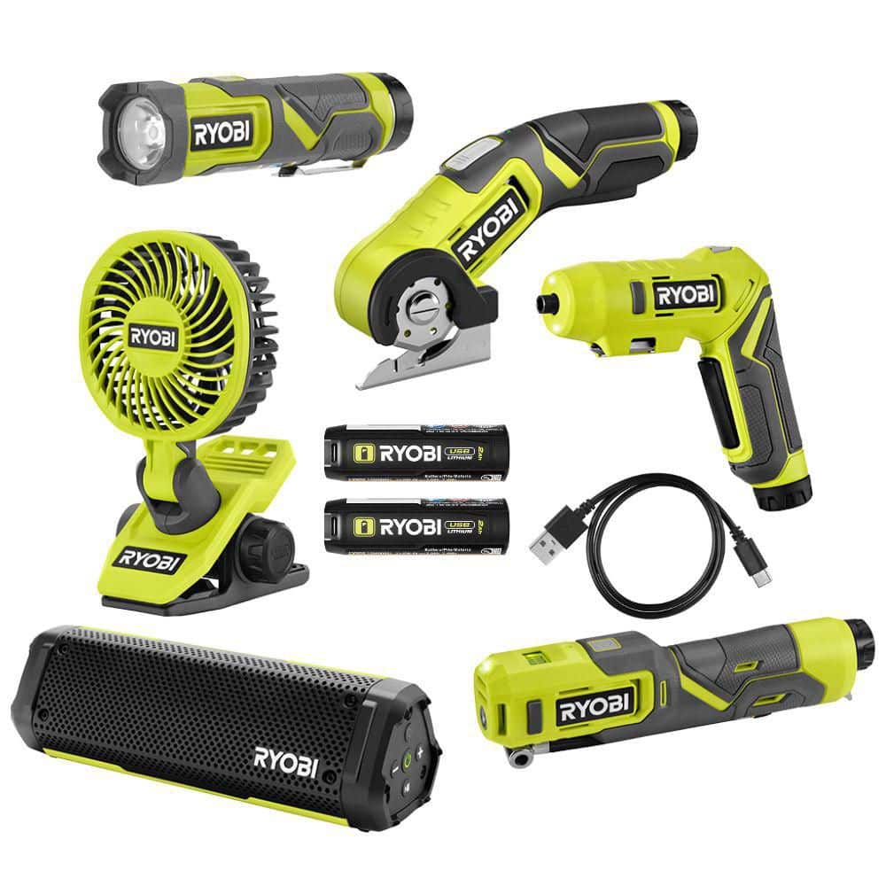 RYOBI USB Lithium-Ion Cordless 6-Tool Combo Kit with (2) 2Ah Batteries ...