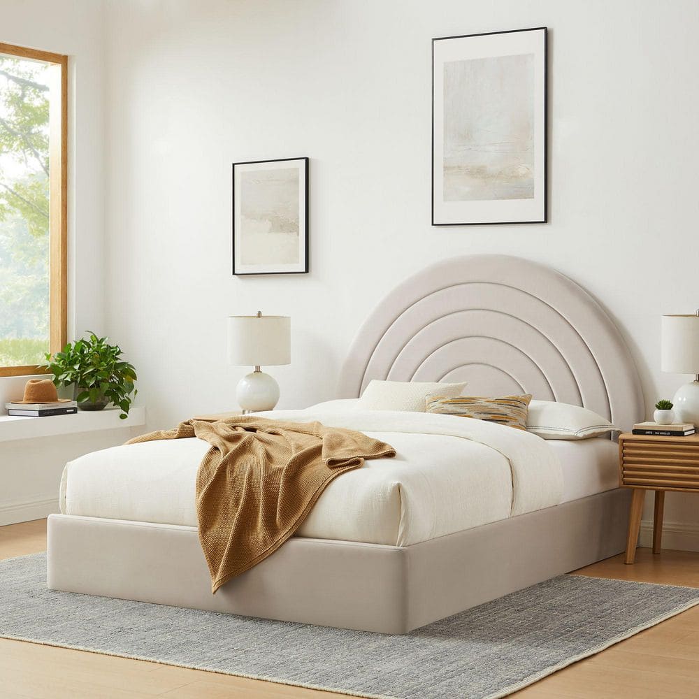 MODWAY Solana Beige Wood Frame Full Platform Bed with Arch-Shaped ...