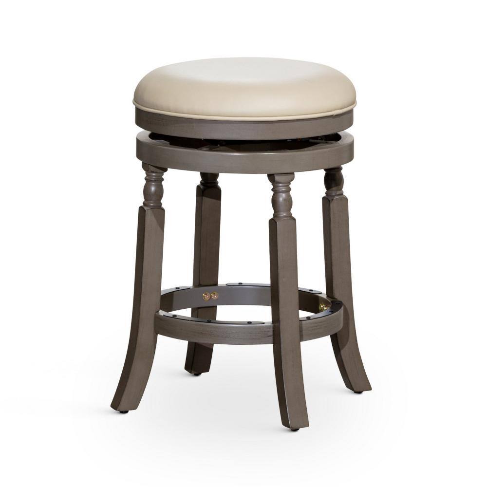 Benjara 24 in. Gray Backless Wood Frame Bar Stool with Leather Seat ...