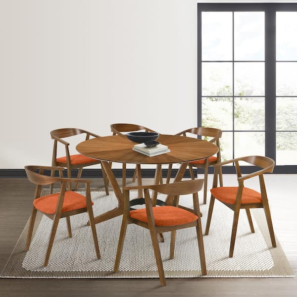 Armen Living Santana 7-Piece Round Wood Top Orange Dining Set ...