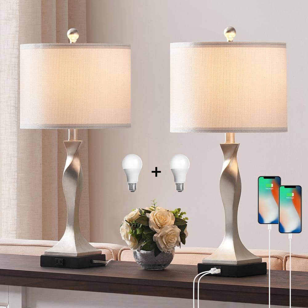 KAWOTI 25.6 in. Sliver Leaf Table Lamp Set with USB Ports, AC Outlet ...