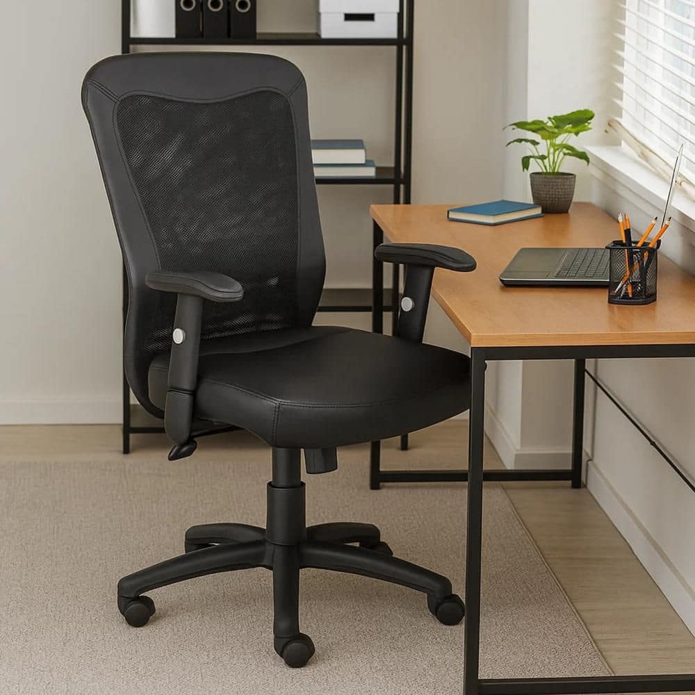 Benjara Leather Rolling Task Chair in Black Arms BM344577 - The Home Depot