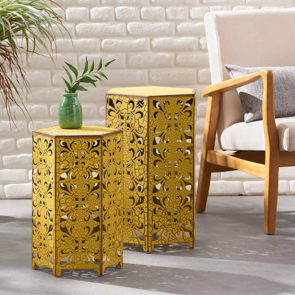 GAWEZA Antique Yellow Hexagonal Metal 22 in. H Outdoor Side Table Patio ...