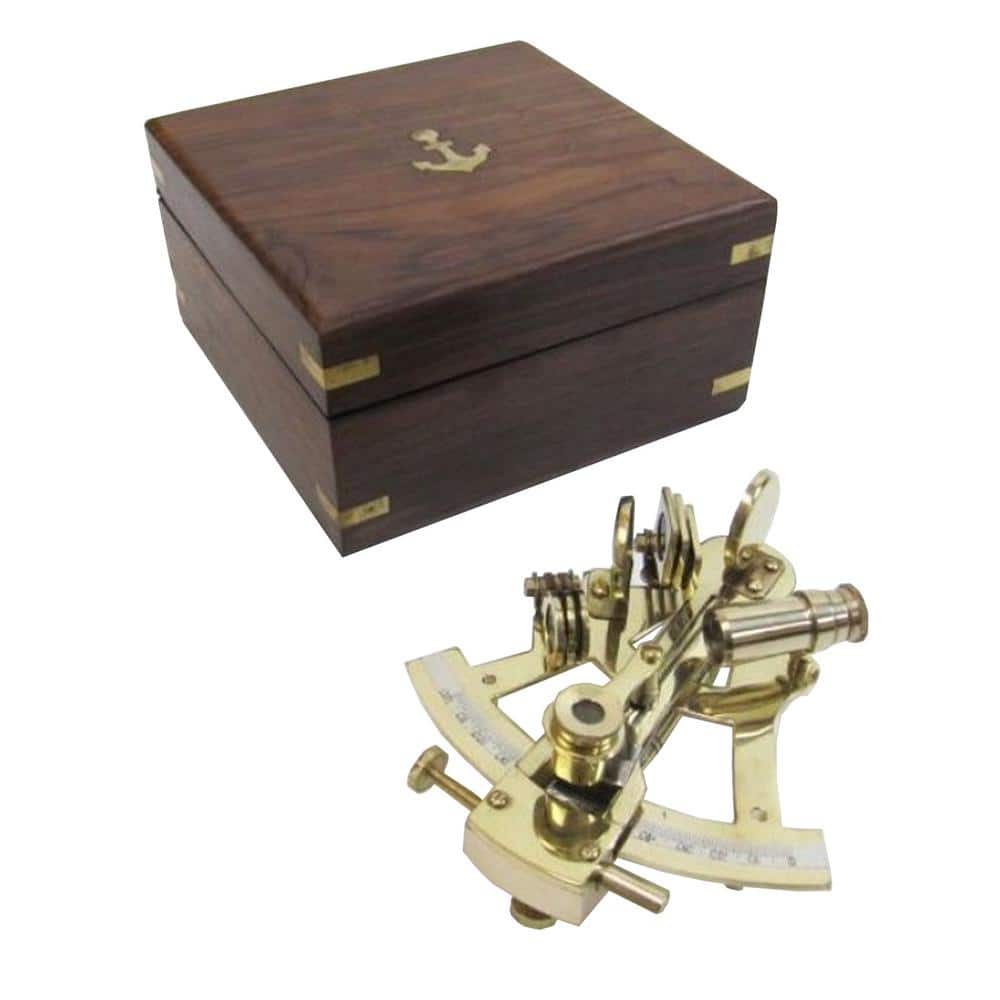 Benzara Solid Brass Sextant with Inlaid Wooden Box Nautical Accents BM34768