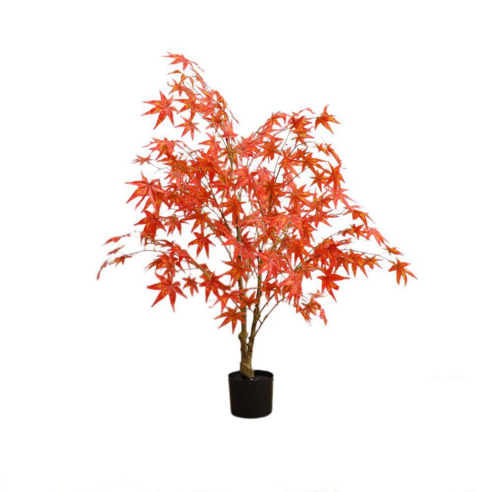4.9 ft. Artificial Tree In Plastic Pot, Fall Faux Red Maple Leaves Silk ...