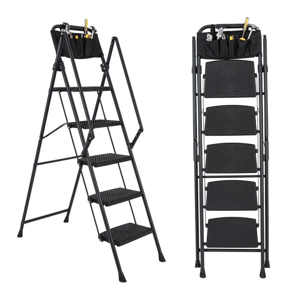 Tatayosi 5-Step Steel Folding Step Stool Ladder with Removable Tool Bag ...