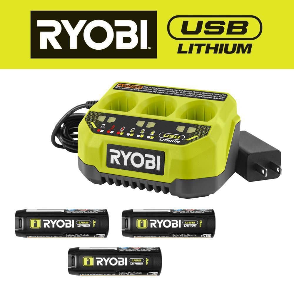 RYOBI USB Lithium 3.0 Ah Lithium-Ion Rechargeable Battery (3-Pack) with ...