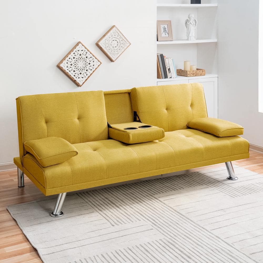 Yellow Futon Sofa Bed Linen Futon Couch with Armrest and 2 Cupholders Sofa Bed Couch Convertible with Metal LegsY