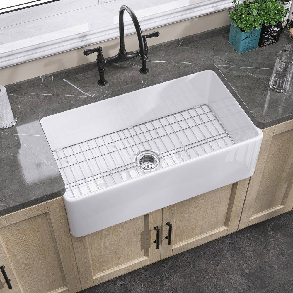 Getpro 36 in. Rectangular Apron Front Farmhouse Sink Single Bowl White ...