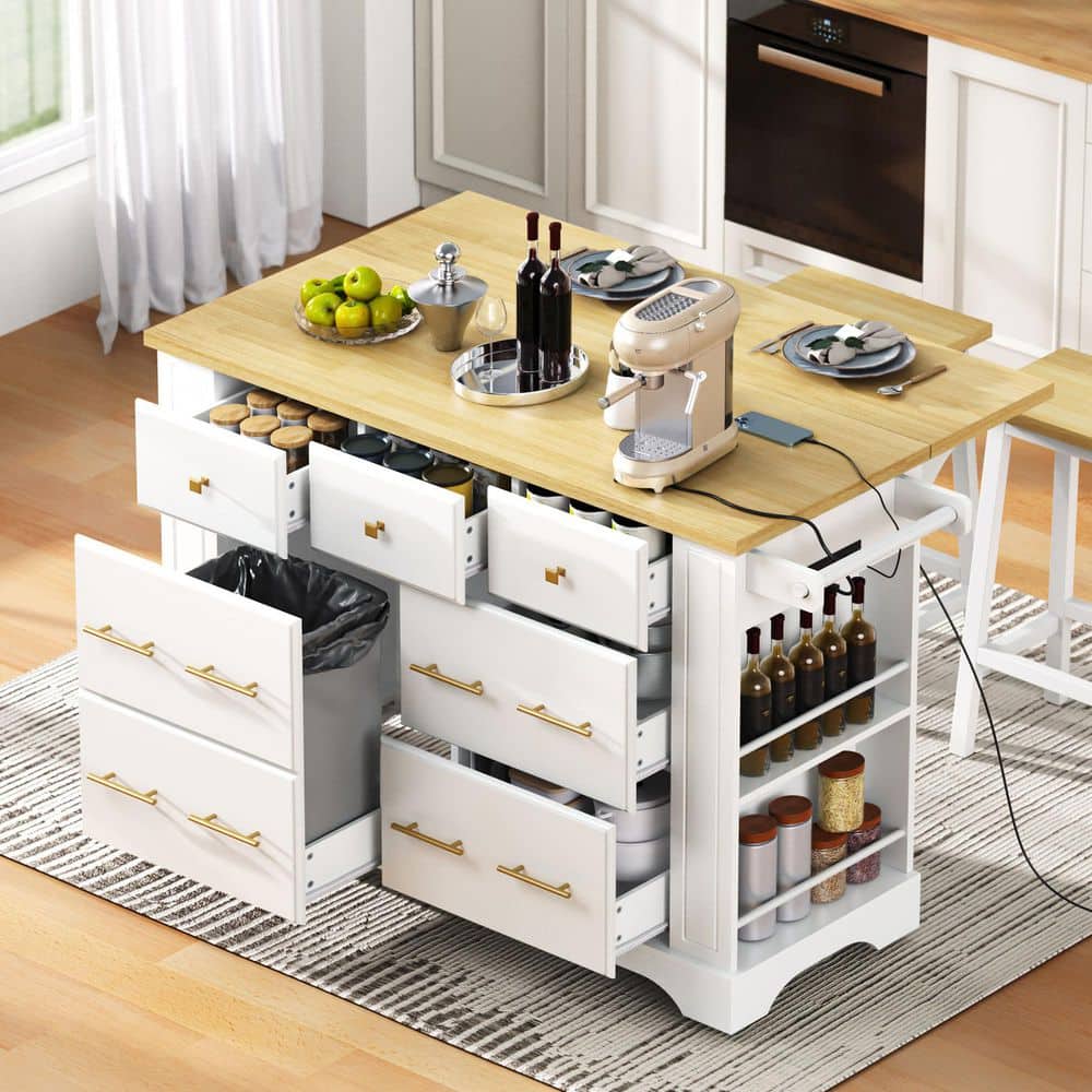 Nestfair White Wood 51.2 in. Rolling Kitchen Island with Pull Out Trash ...