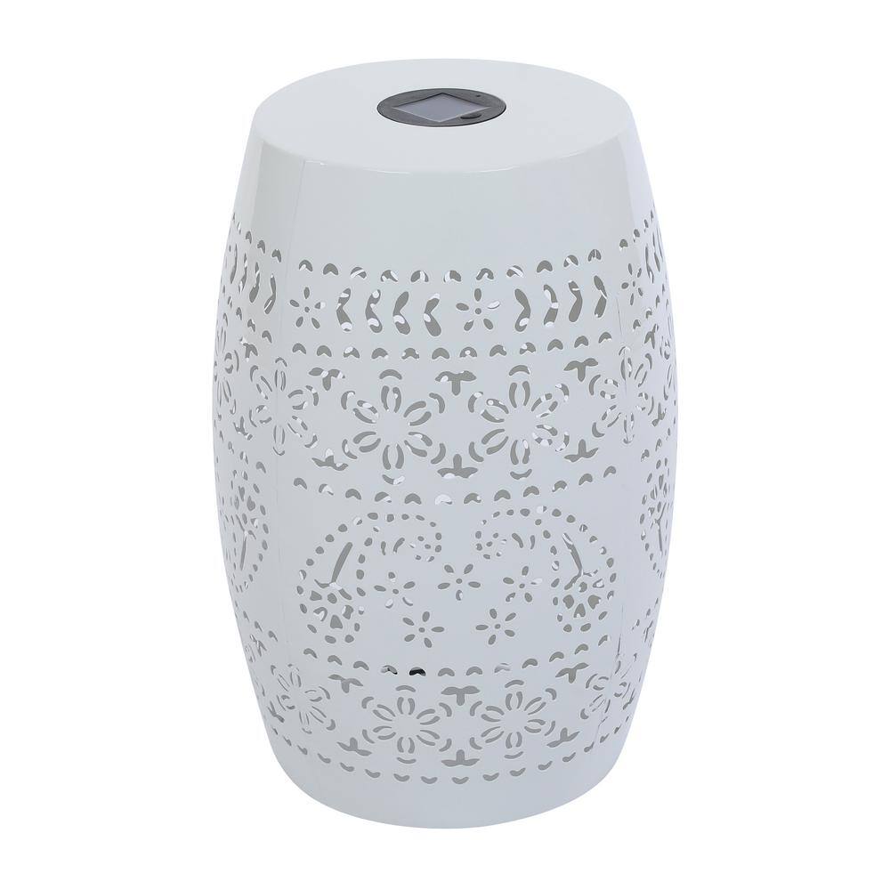 Zeus & Ruta White Round Outdoor Side Table with Solar Powered Light for ...