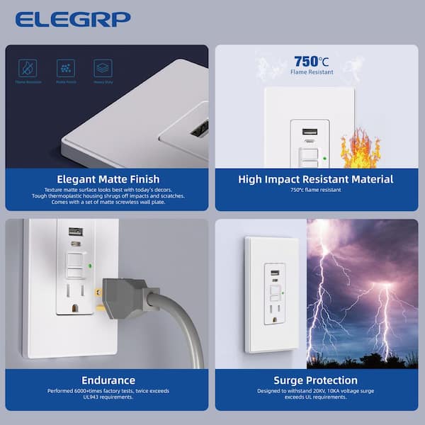 ELEGRP GFCI USB COMBO-15 Amp GFCI Outlet and 24-W In-Wall USB Charger ...