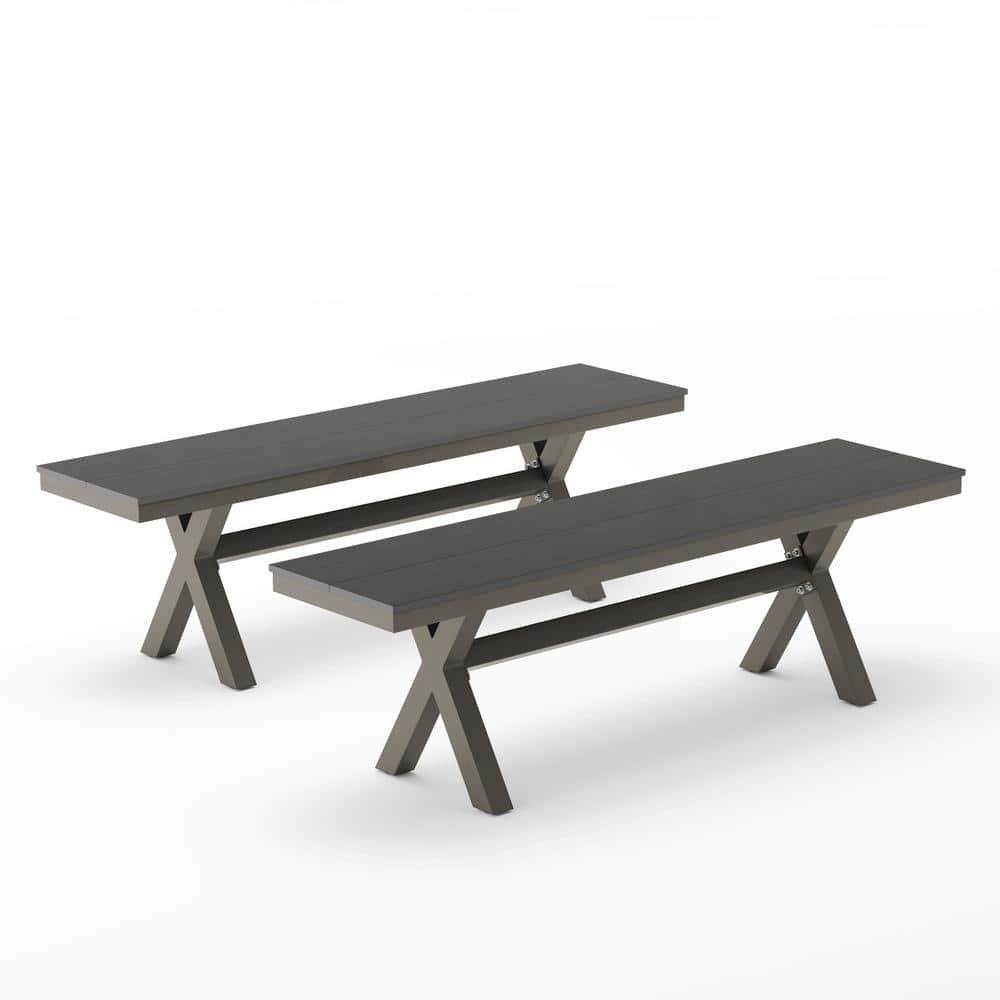 LUE BONA Domi 59 in. Aluminium Frame X-Leg Dark Gray Outdoor Bench with ...