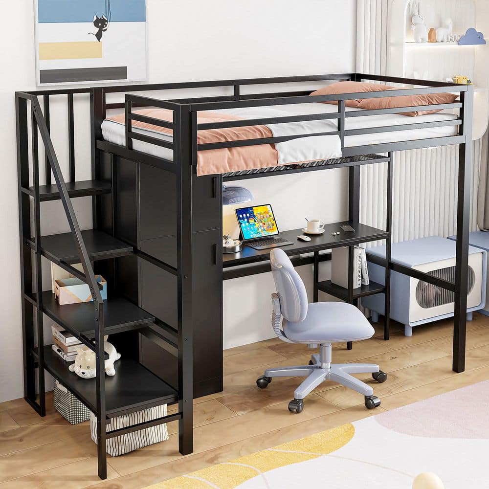 Polibi Black Twin Metal Loft Bed with desk, shelf, wardrobe and Storage Staircase RS519-8720AAB ...