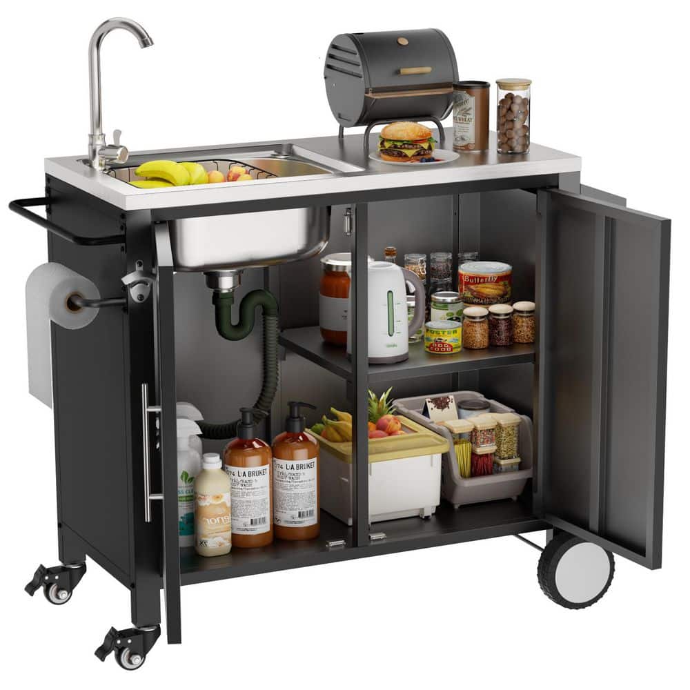 38 in. 304 Stainless Steel Built-In Outdoor Kitchen Grill Cart with Sink Station Cabinet and ...