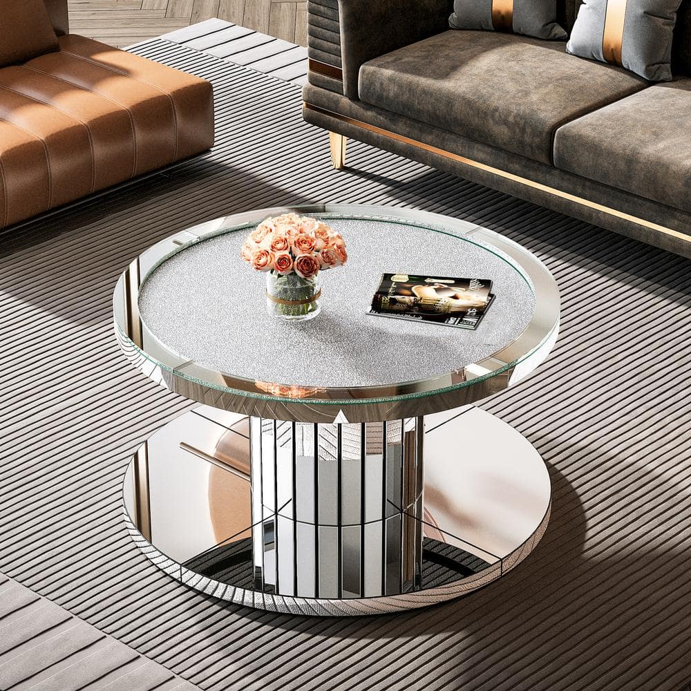 BYBLIGHT Kerlin 29.53 in. Silver Round Mirrored Coffee Table Living ...