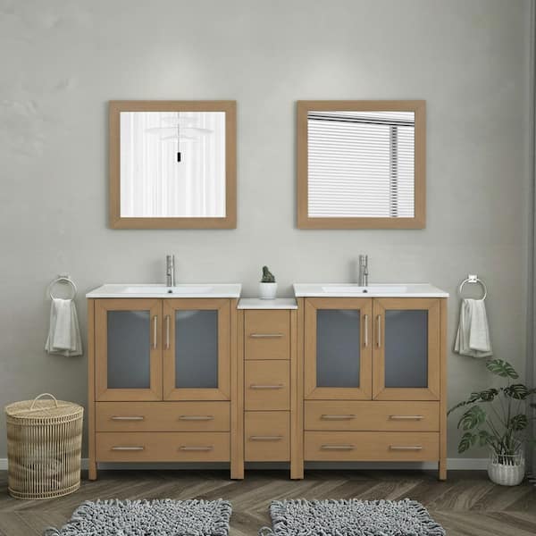 Vanity Art 72 in. W x 18 in. D x 36 in. H Natural Oak Bath Vanity with ...