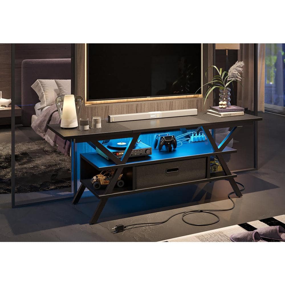 Lukyamzn 55.12 in. Rectangular Black LED Entertainment Center Stand for ...