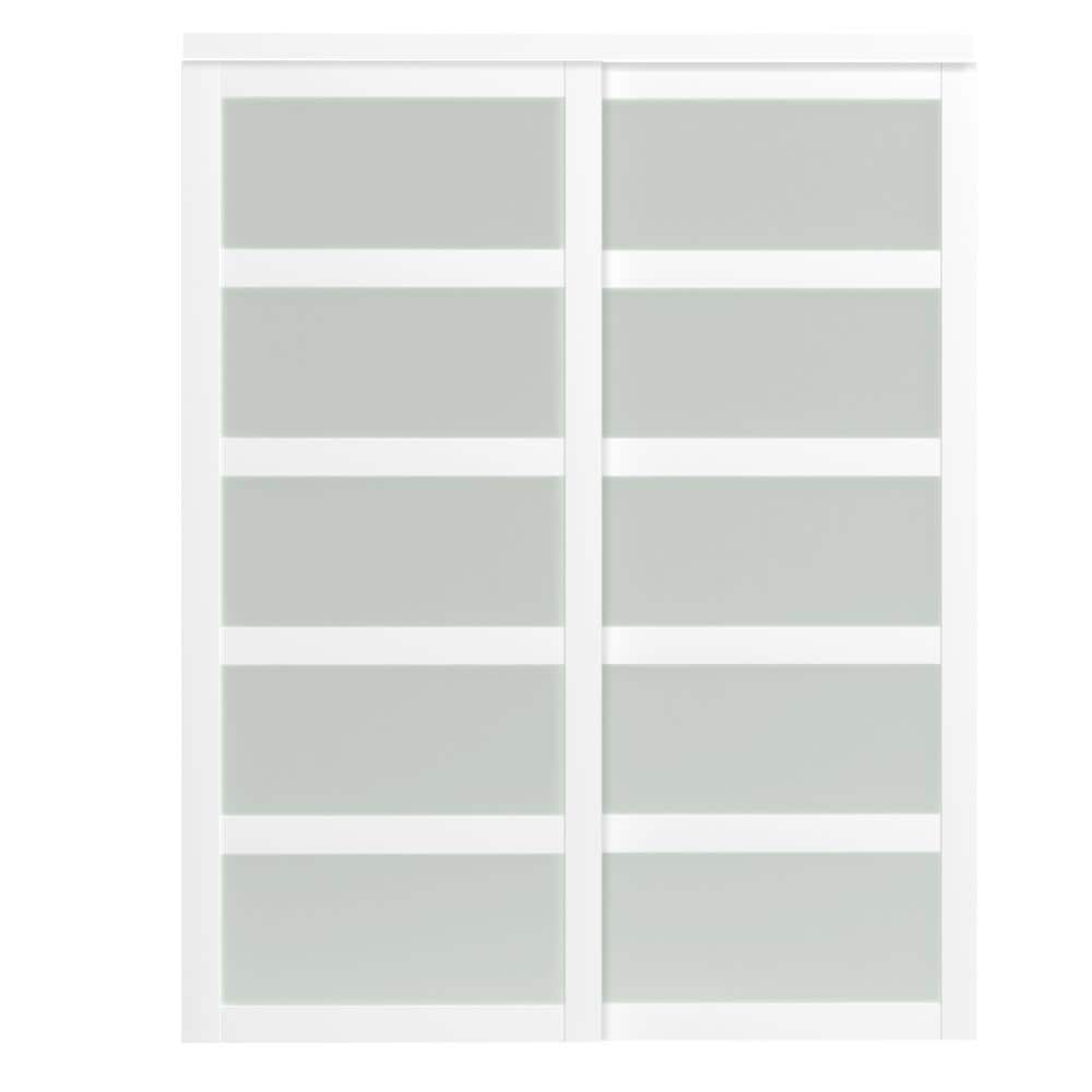 TENONER 72 in. x 80 in. MDF Solid Core White Double Slide Frosted Glass ...
