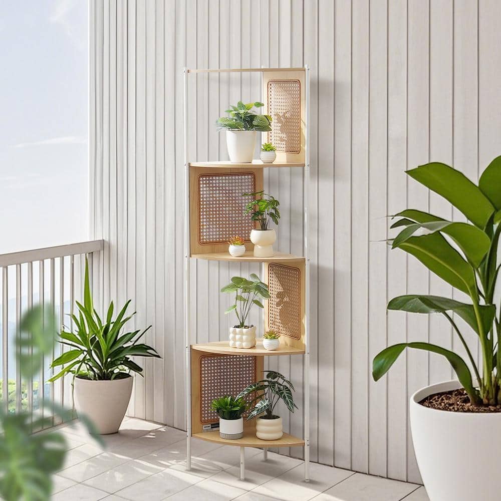 VEVOR Rattan Corner Bookshelf, 5 Tiers Ladder Corner Shelf with Metal ...