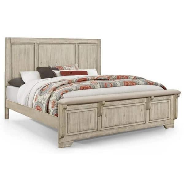 Benjara Ashen White Wood Frame Queen Size Panel Bed with Transitional ...