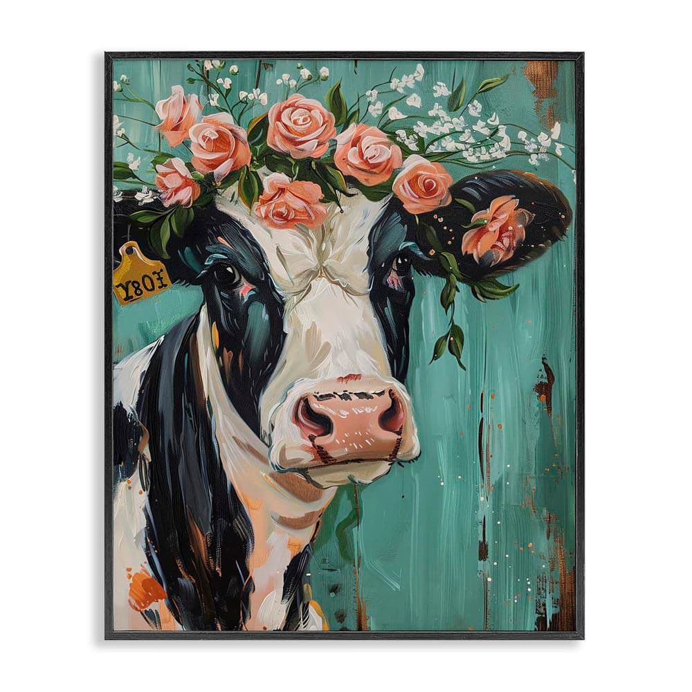 Stupell Industries Floral Cow on teal by LSR Design Studio Black Framed Animal Giclee Art Print ...