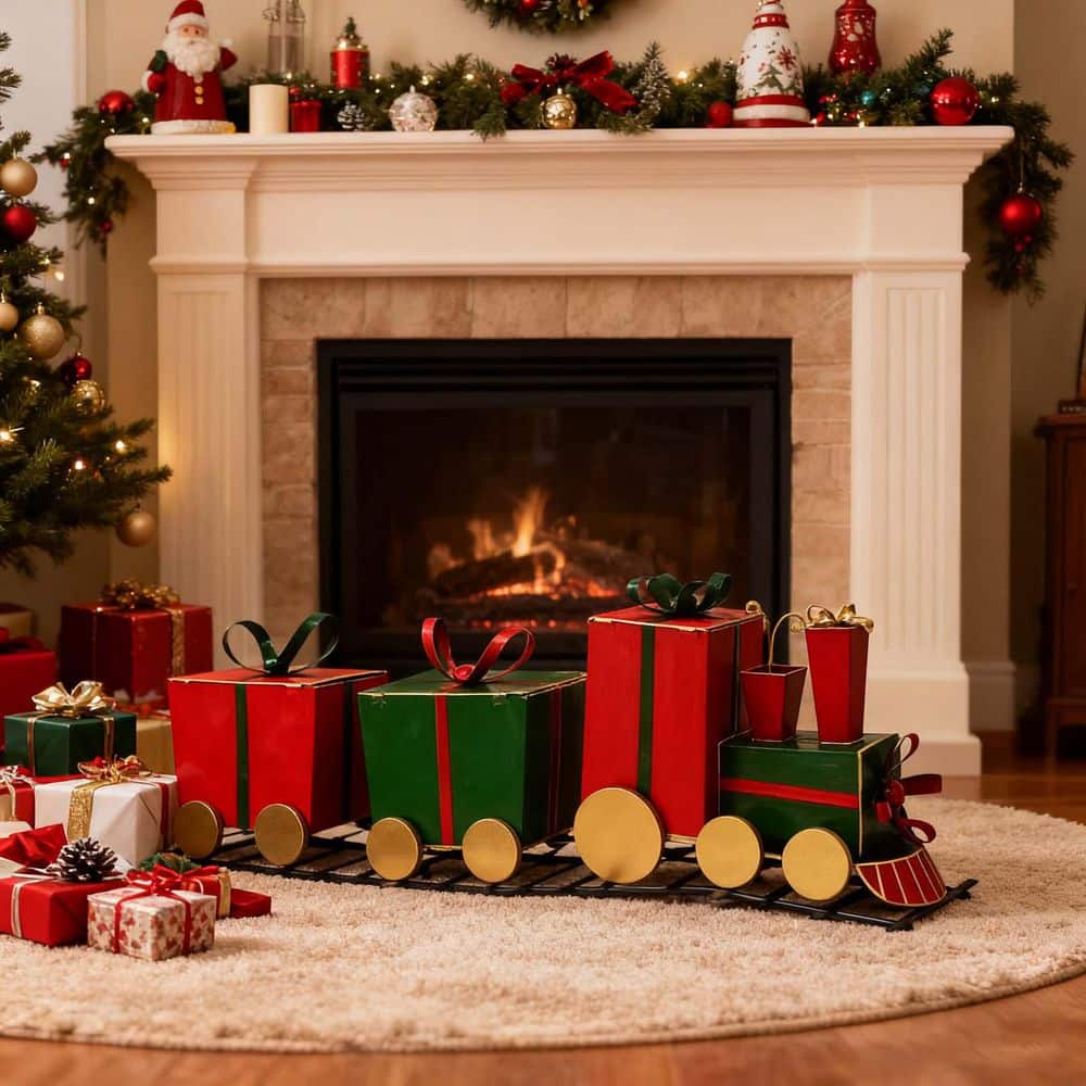 47 in. Iron Festive Christmas Train Set with Gift-Shaped Carriages ...