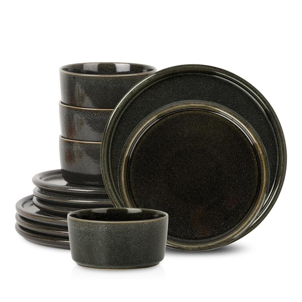 STONE LAIN Eden 12-Piece Charcoal Grey Stoneware Dinnerware Set ...