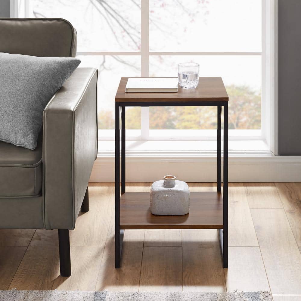 Welwick Designs 16 in. Dark Walnut Industrial Metal Accent Side Table ...