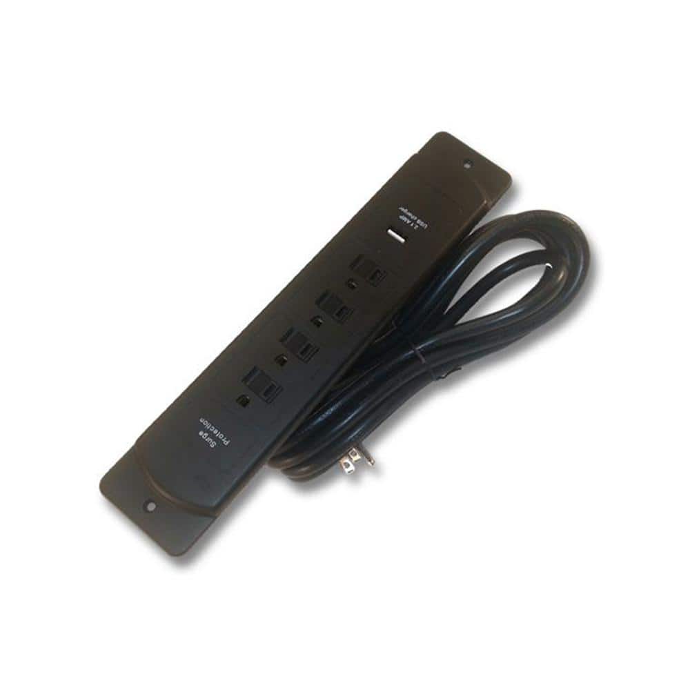 10 ft. 14/3 Black Power Supply Cord Recess Mount 4-Outlet with USB Port ...