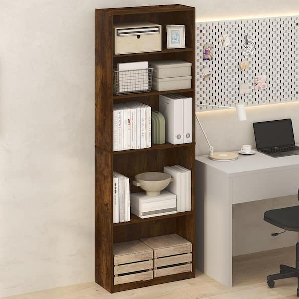 Furinno JAYA 71.2 in. Tall Amber Pine Wood 5-Shelf Open Shelf Bookcase ...