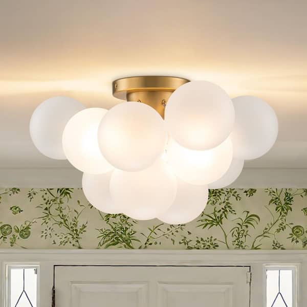 HUOKU Orbis 3-Light 18.1 in.W Brushed Gold Semi Flush Mount Sputnik Ceiling Light with Frosted ...