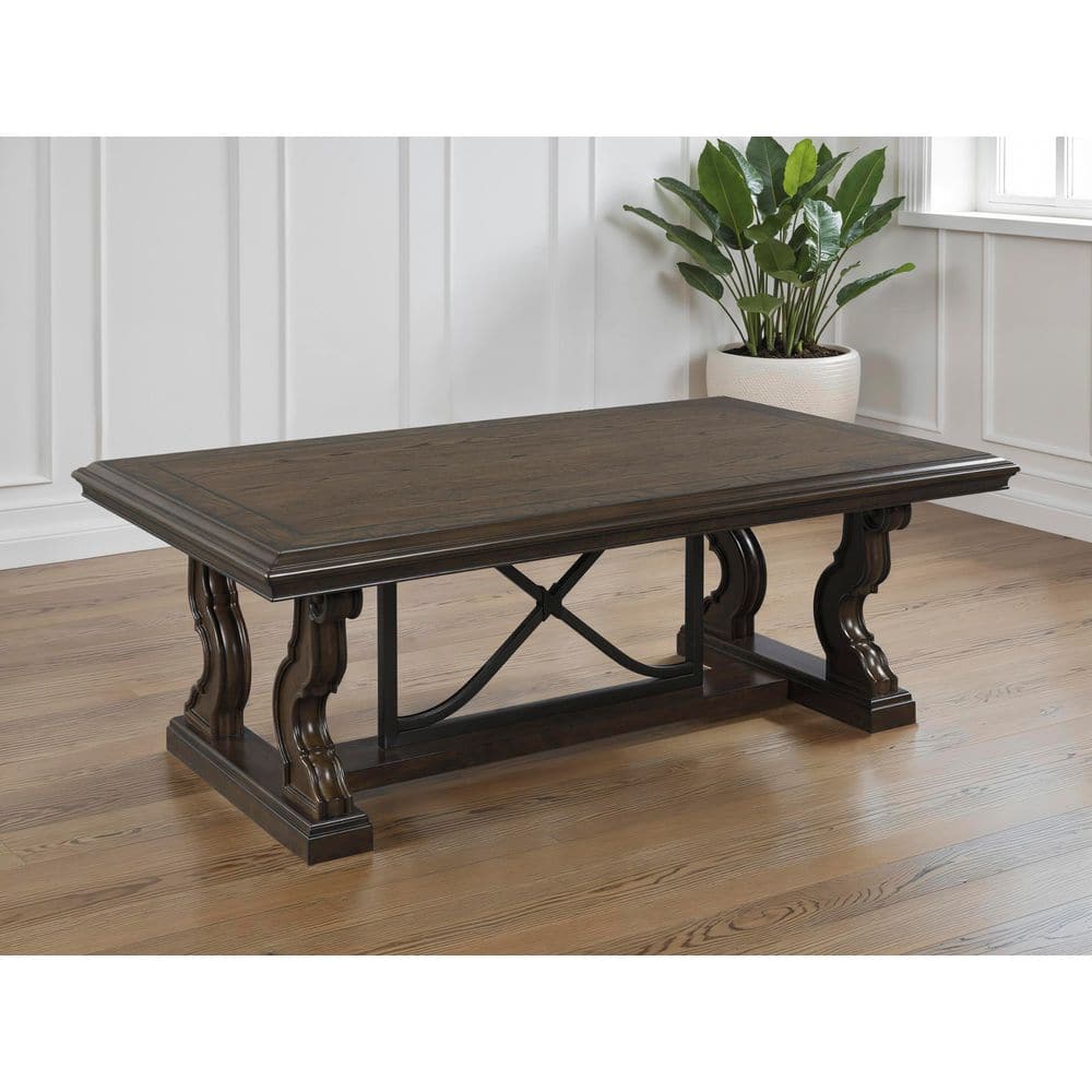Signature DESIGN BY ASHLEY Maylee 56 in. Brown Rectangle MDF Coffee Table with Trestle Base T647 ...